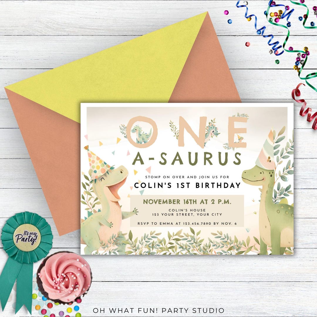 One A Saurus Birthday Invitation, Pastel Dinosaur First Birthday, Dino ...
