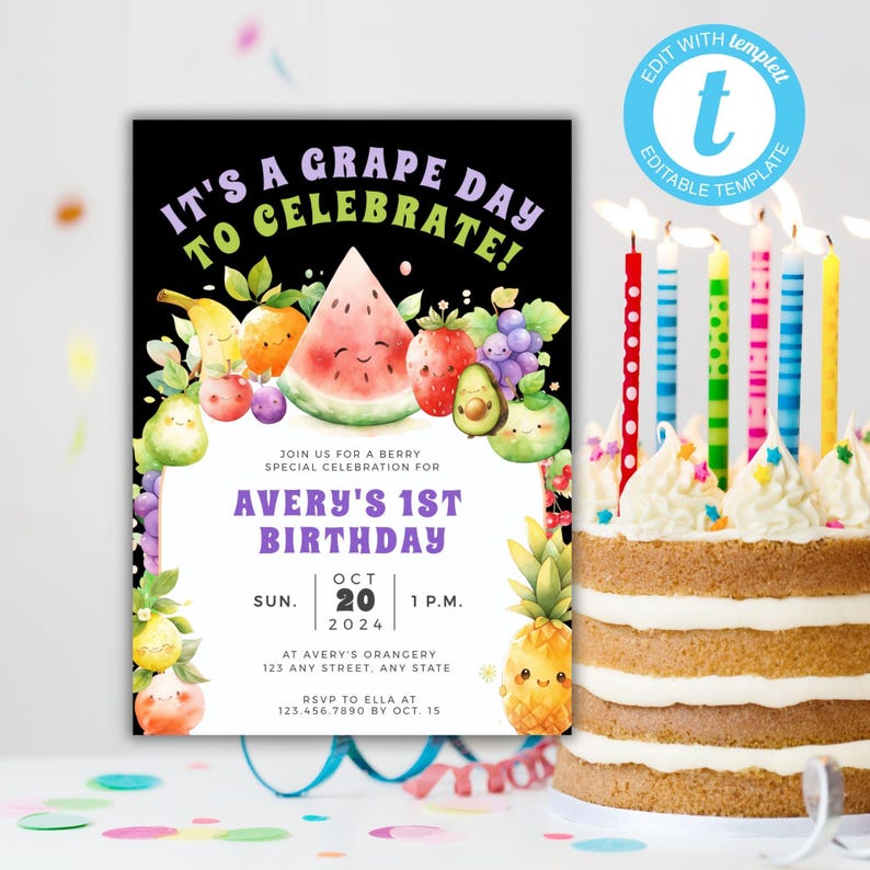 Dancing Fruit Birthday Invitation, Dancing Fruit First Birthday ...