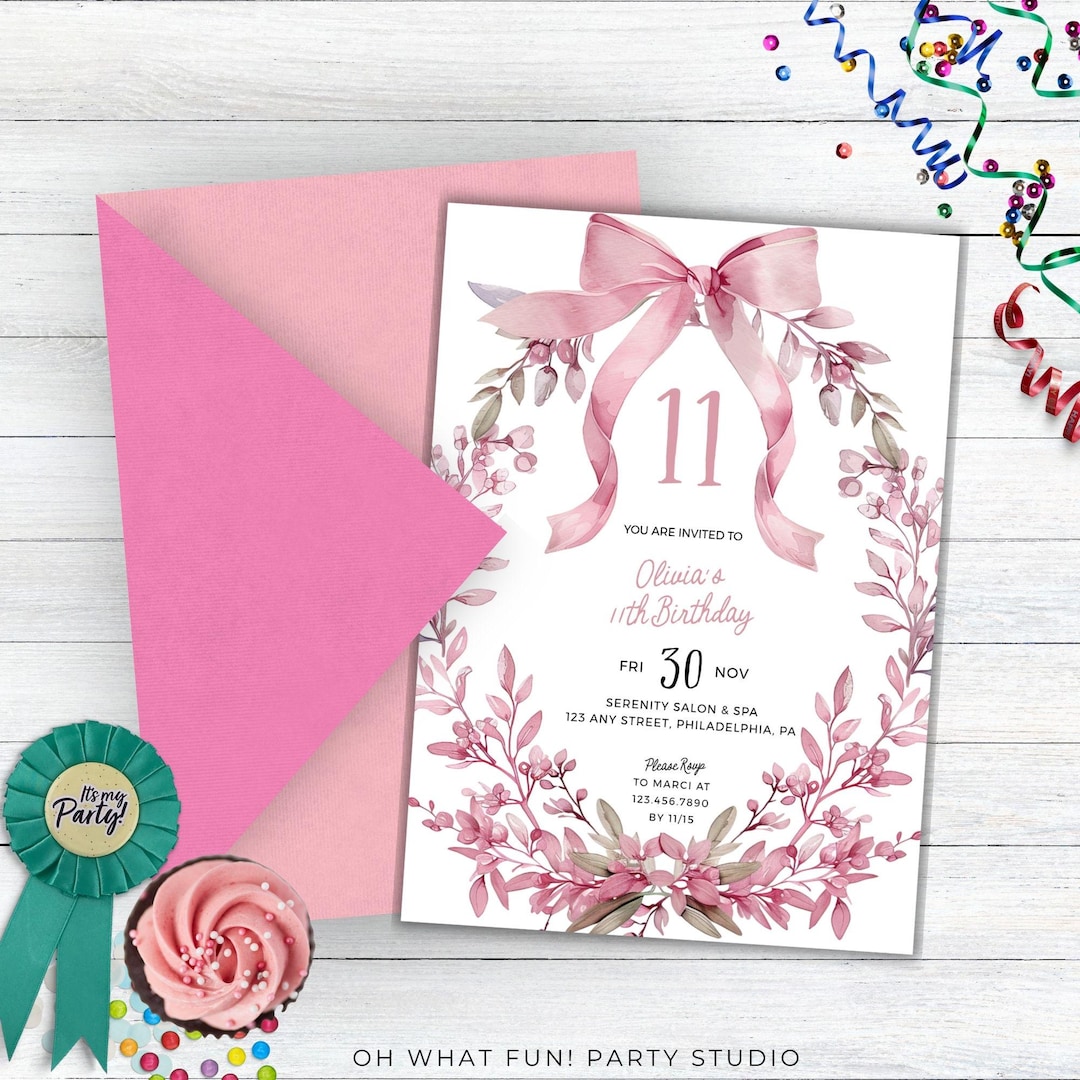 Tween Birthday Invitation Coquette, 11th Birthday Invitation With Pink ...