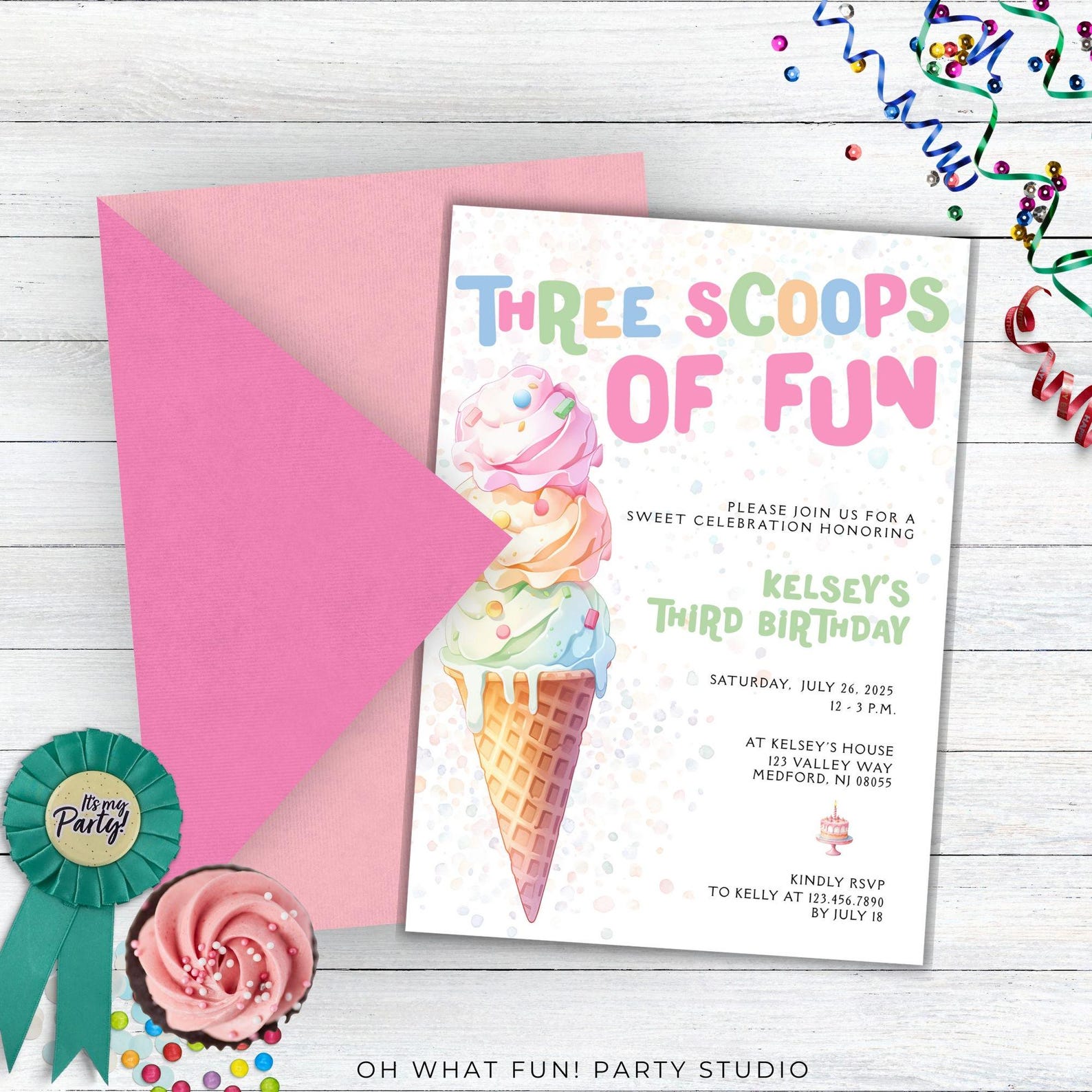 Three Scoops of Fun Birthday Invitation, Third Birthday Ice Cream ...