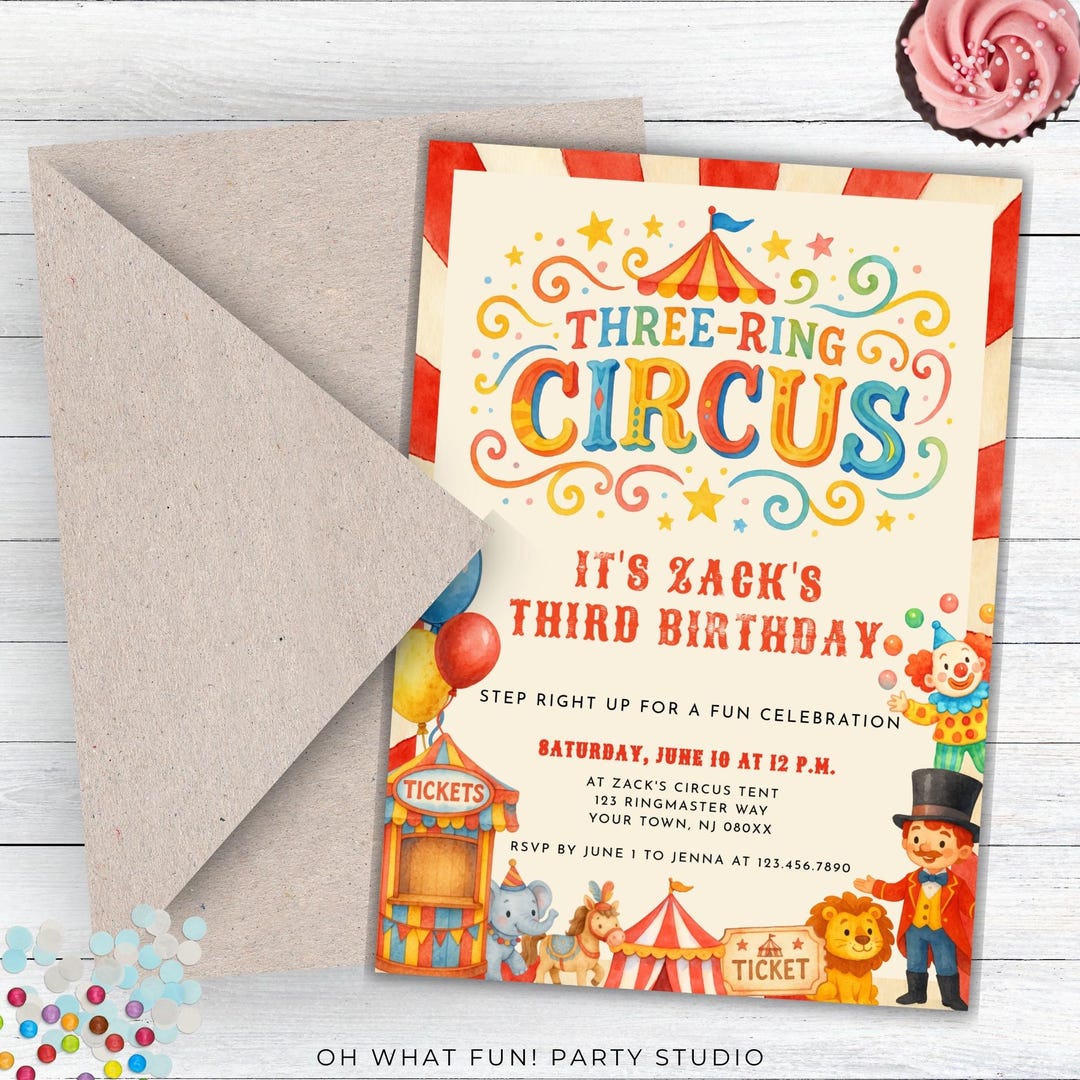 Three Ring Circus Birthday Party Invitation, Circus Tent Invitation ...