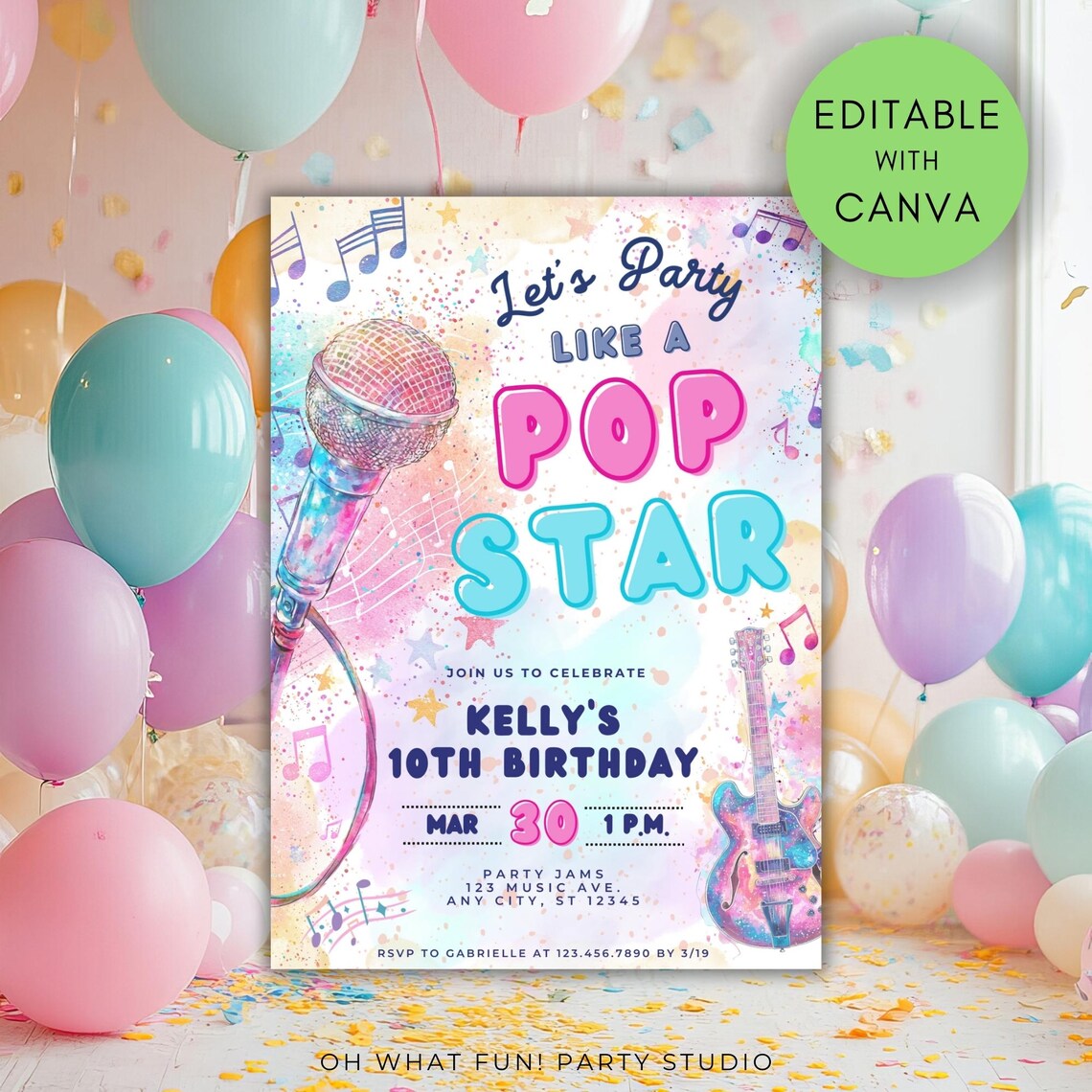 Party Like A Pop Star Invitation, Pop Star Birthday Invitation Canva ...