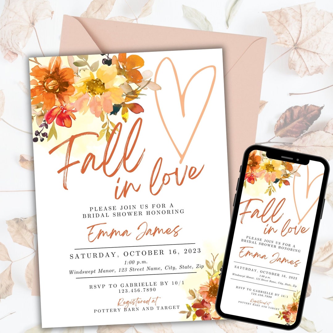Fall in Love Bridal Shower Invitation, Boho Fall Bridal Shower Bundle ...