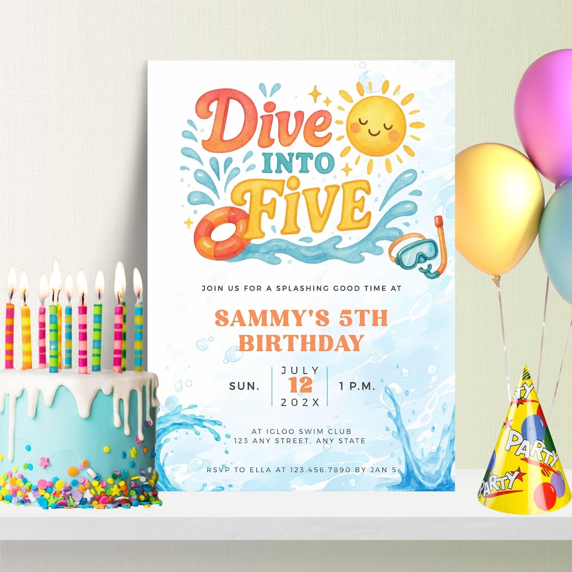 Dive Into 5 Birthday Pool Party Invitation, Dive Into Five Invitation ...