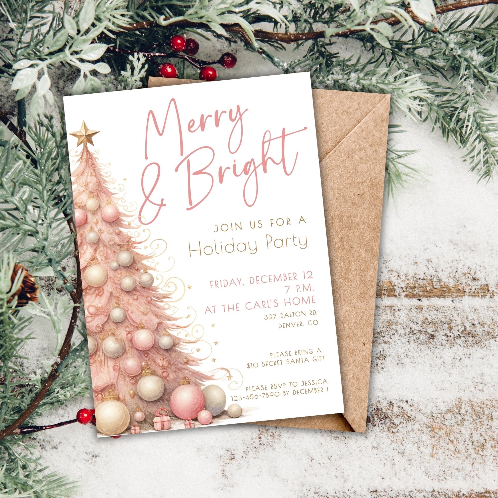 Pink Christmas Party Invitation, Pink Christmas Tree Invite, Christmas ...