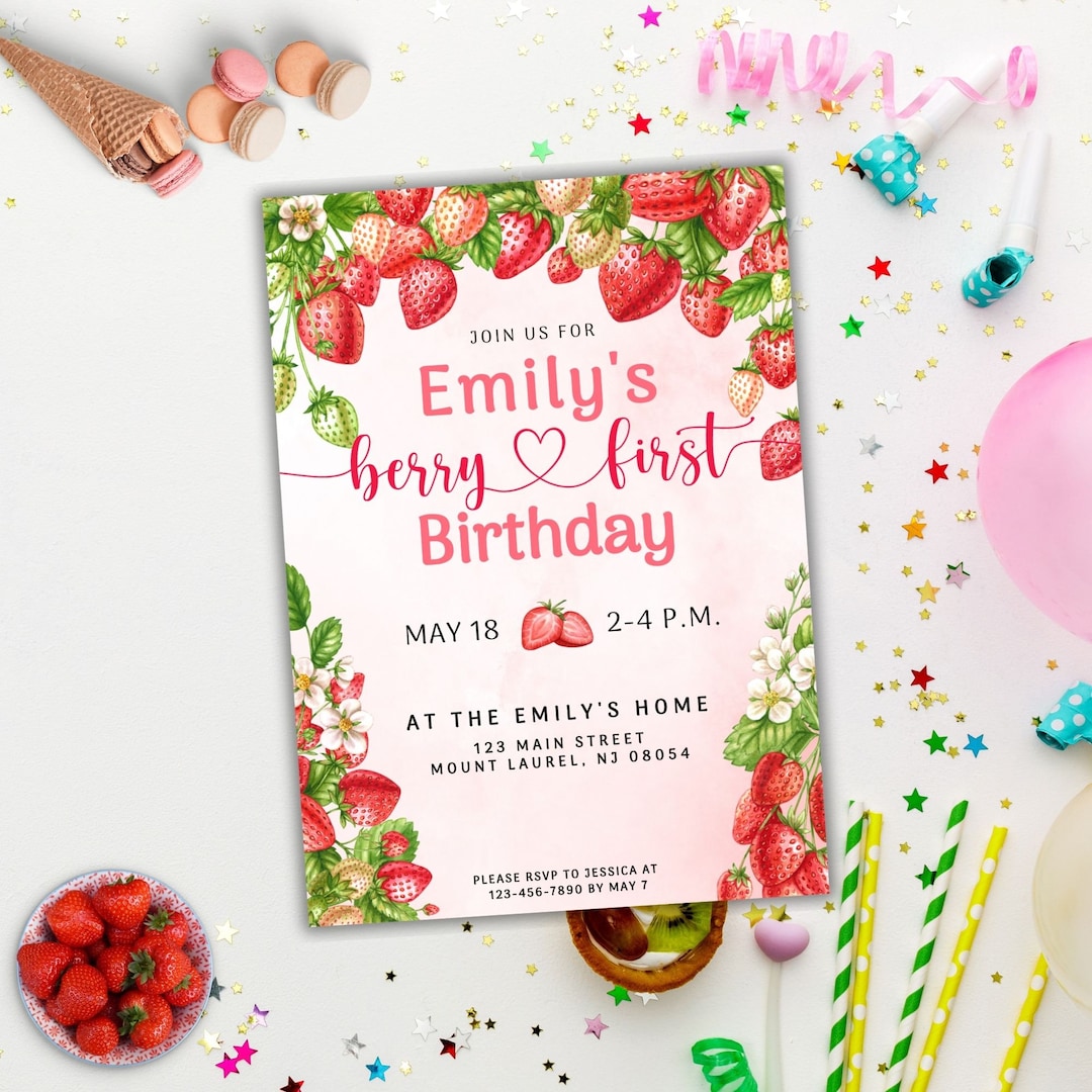 Berry First Birthday Invitation Template, My Berry First Birthday, Cute ...