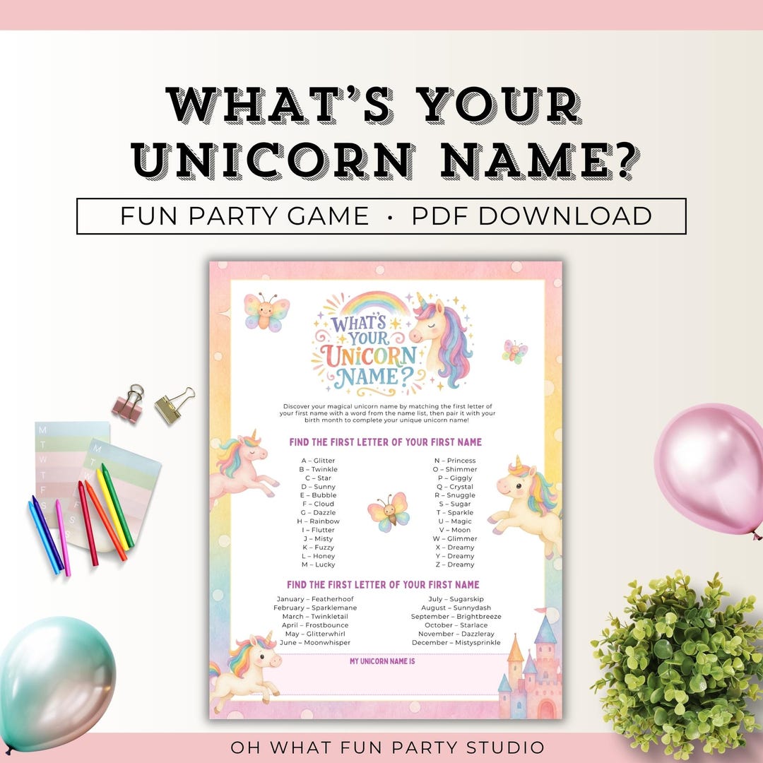 Whats Your Unicorn Name, Unicorn Party Games for Kids,fun Birthday ...