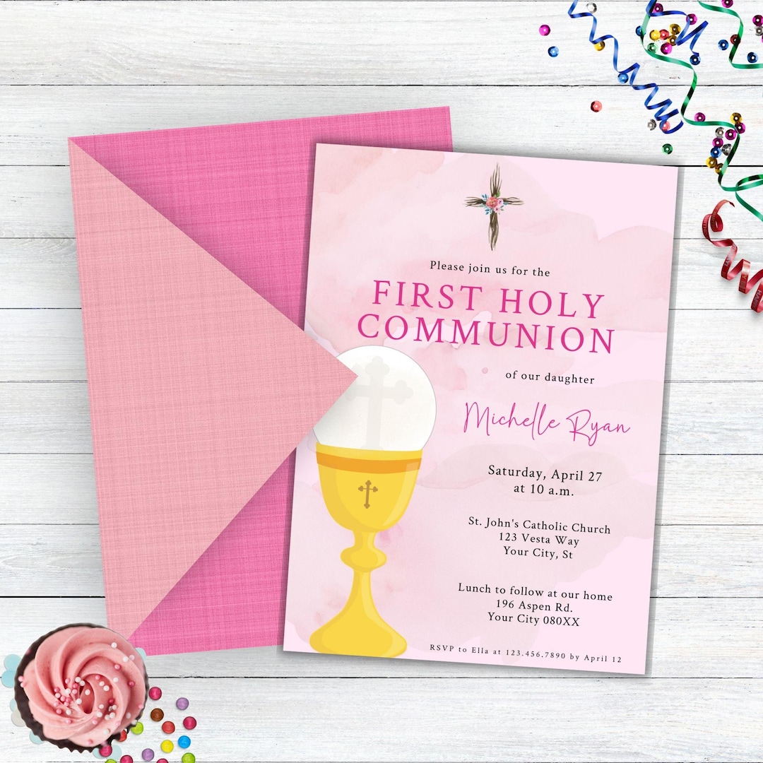 First Holy Communion Invitation Pink, First Holy Communion Invitation ...