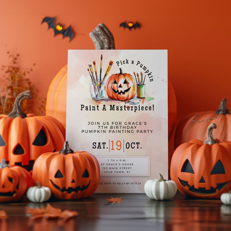 Editable Pumpkin Painting Birthday Invitation, Halloween Birthday Party ...