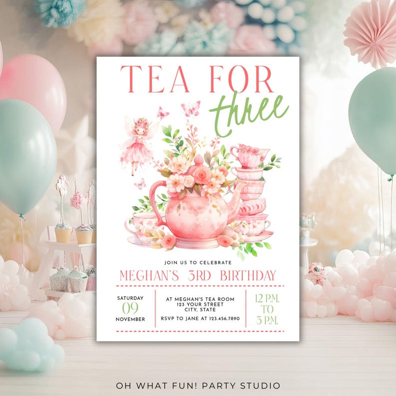 Tea for Three Invitations, Tea for Three Birthday Party Invitation, Tea ...