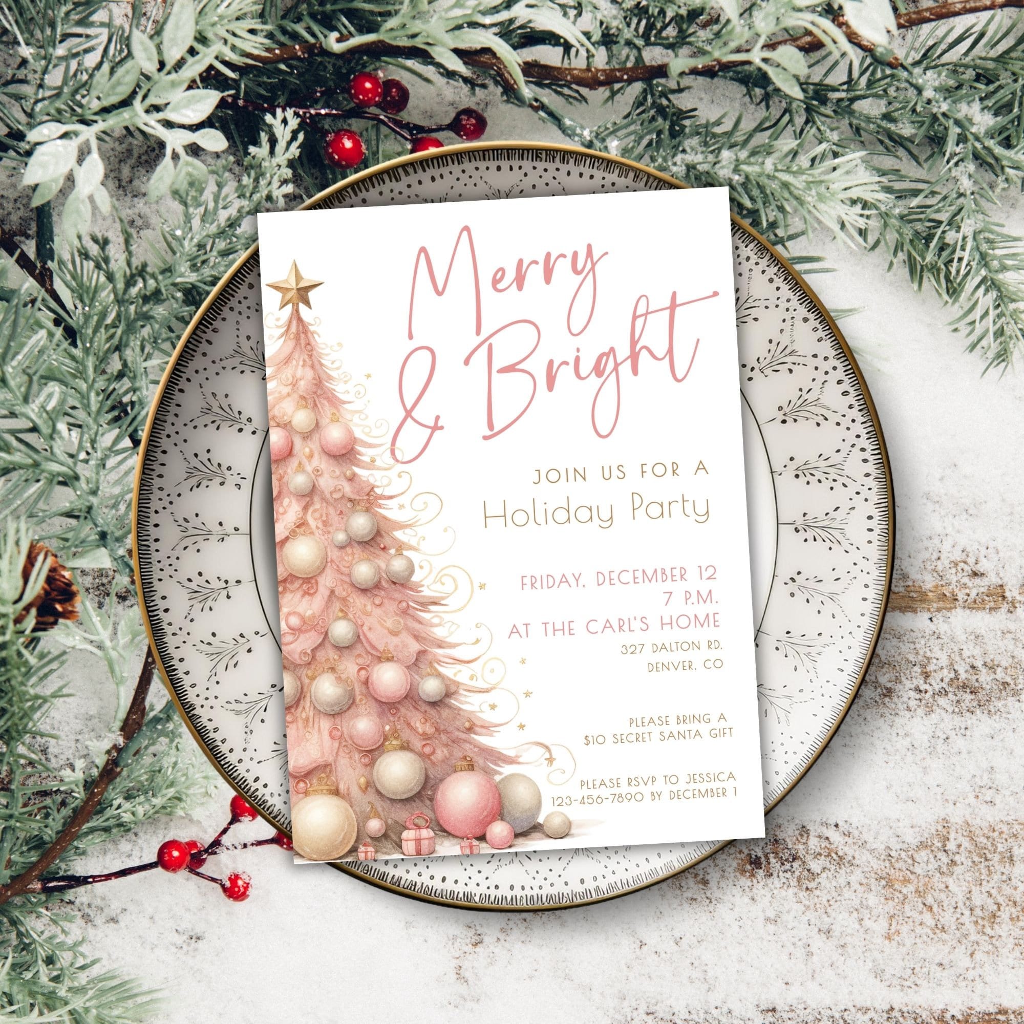 Pink Christmas Party Invitation, Pink Christmas Tree Invite, Christmas ...