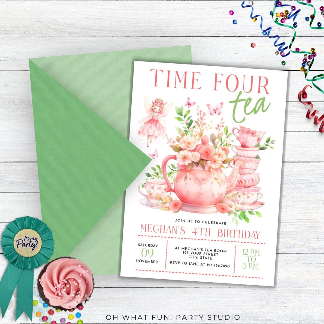 Time Four Tea Party Invitation 4th Birthday, Fairy Birthday Invitation ...