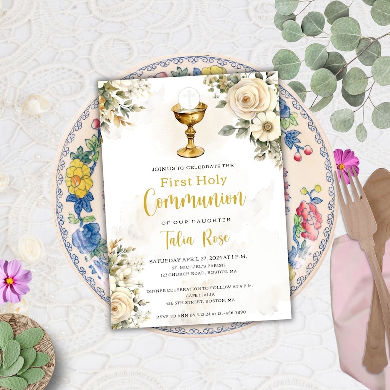 First Communion Invitations With Chalice, Floral First Communion ...