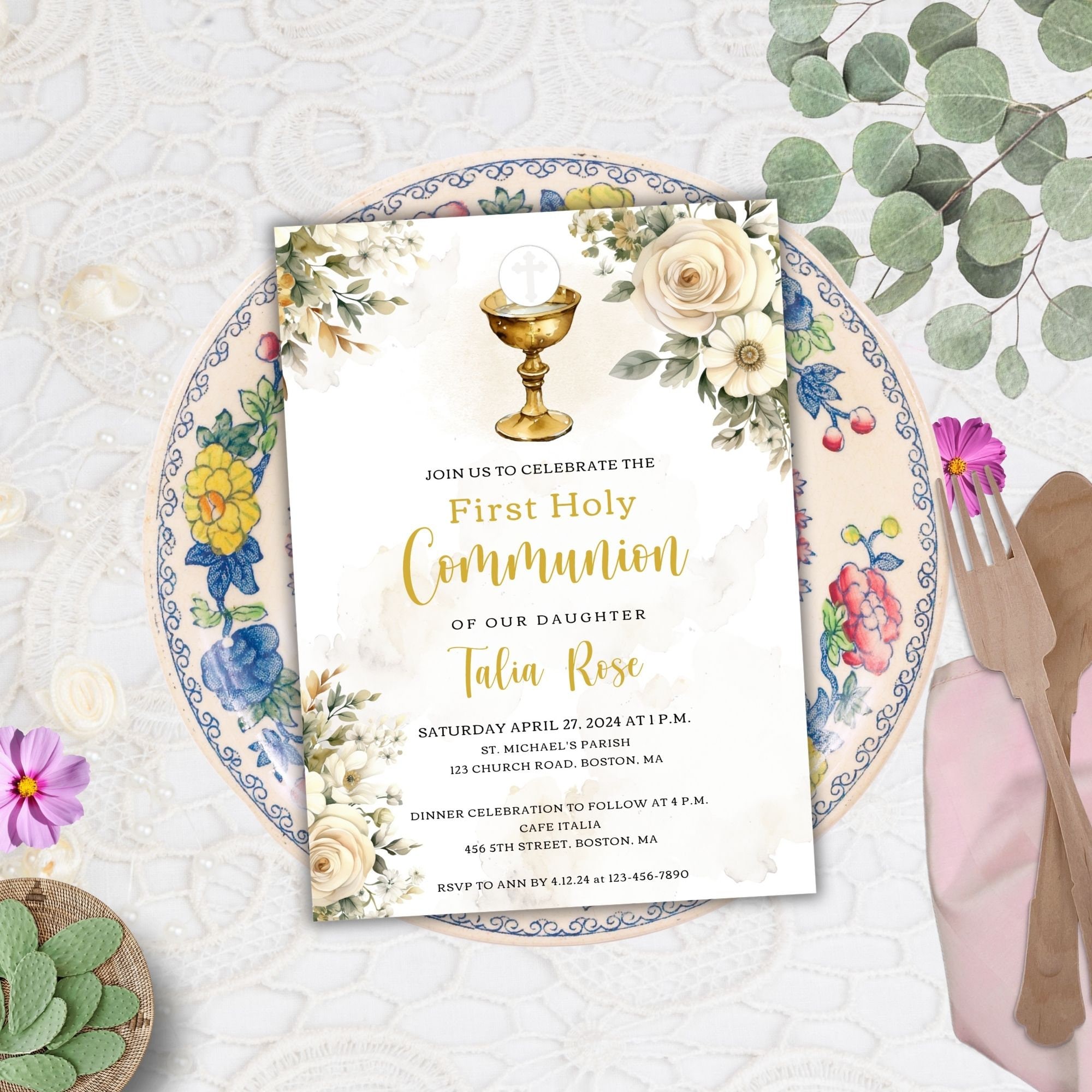 First Communion Invitations With Chalice, Floral First Communion ...