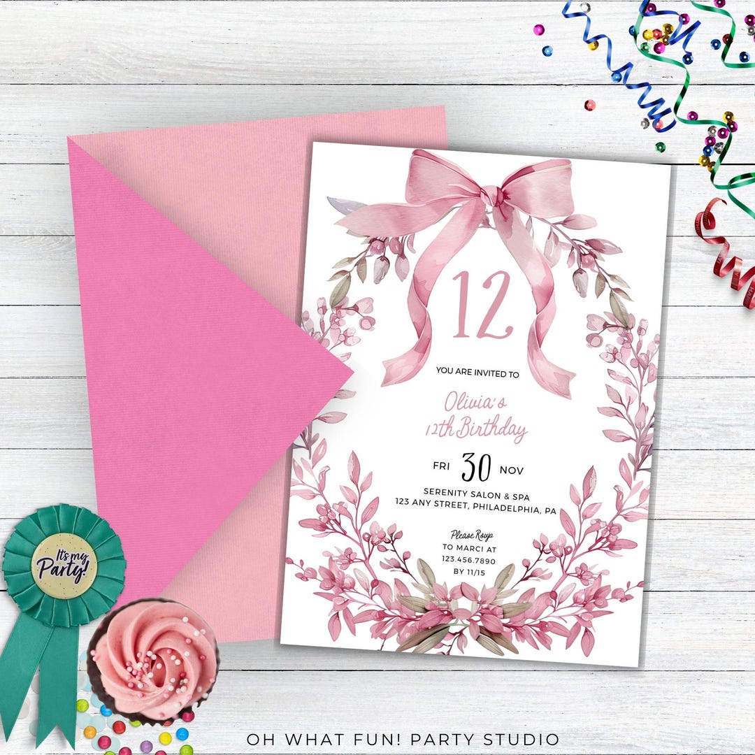 Tween Birthday Invitation Coquette, 12th Birthday Invitation With Pink ...