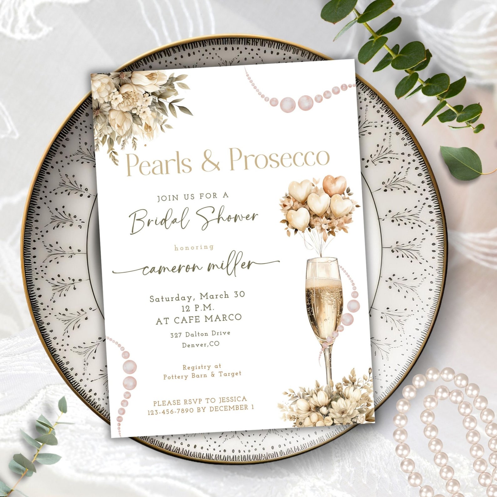 Pearls and Prosecco Bridal Shower Invite, Pearls and Prosecco ...