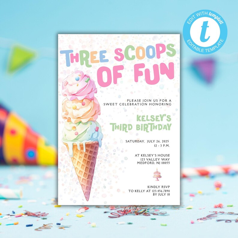 Three Scoops of Fun Birthday Invitation, Third Birthday Ice Cream ...