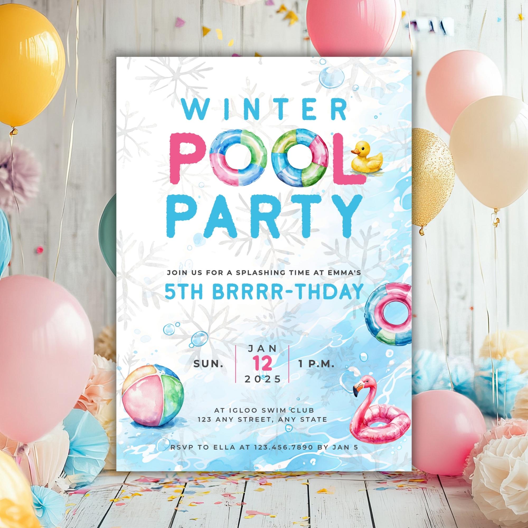 Winter Pool Party Birthday Invitation, Swimming Birthday Party, Girl's ...