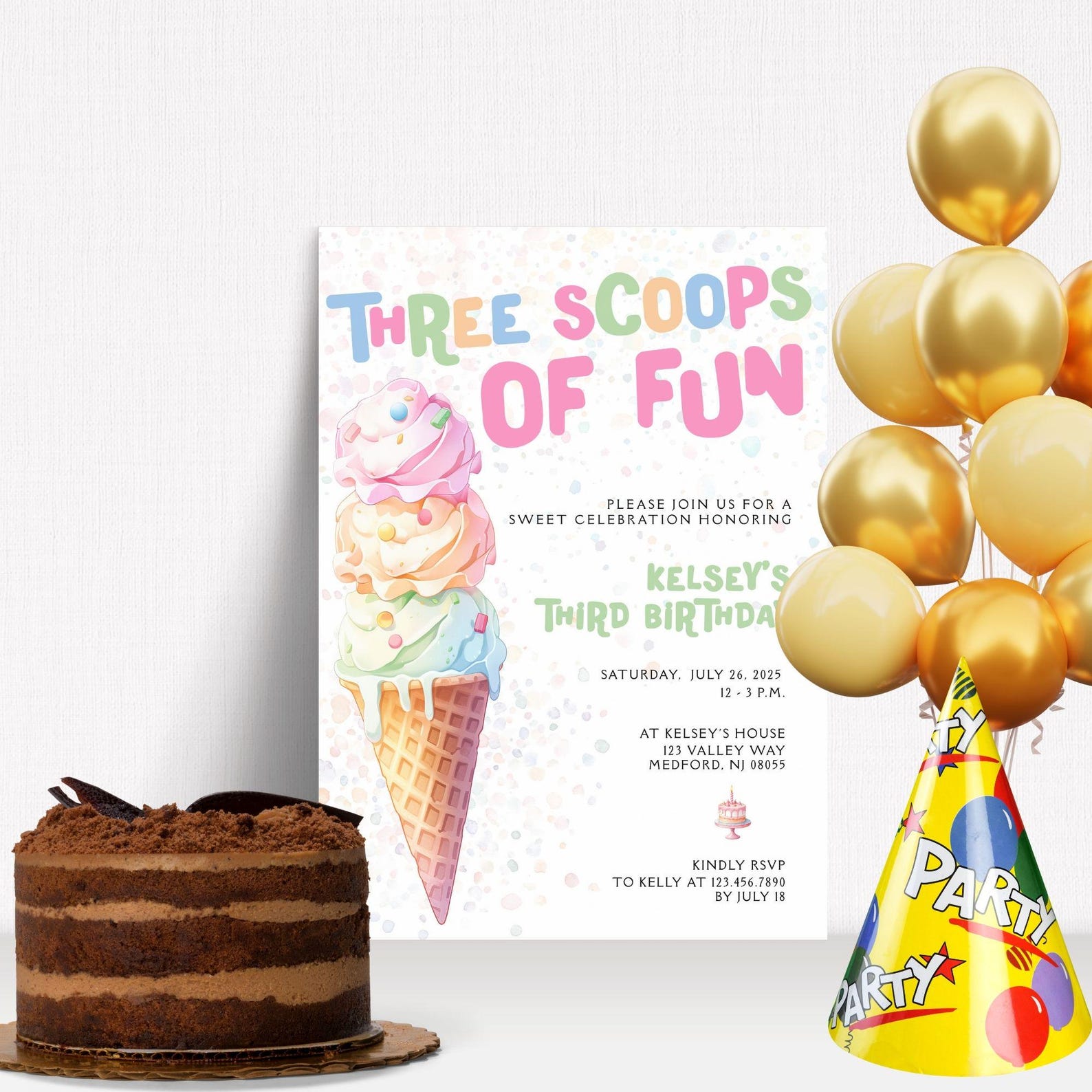 Three Scoops of Fun Birthday Invitation, Third Birthday Ice Cream ...