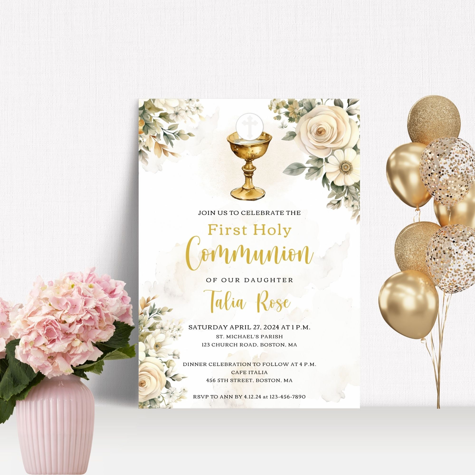 First Communion Invitations With Chalice, Floral First Communion ...