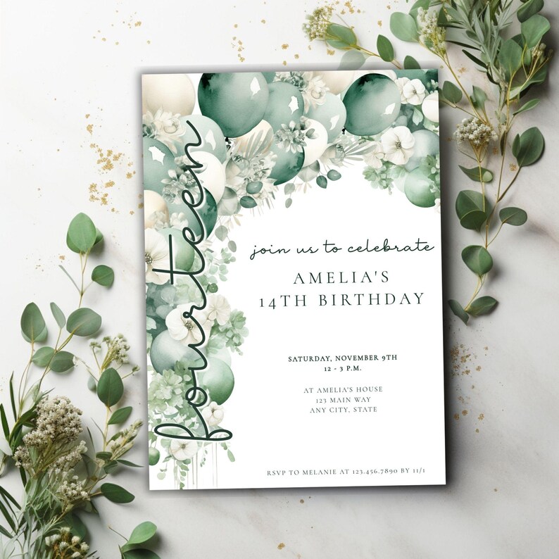 Sage Green 14 Year Old Invitation, Sage Green Birthday Invitation, 14 ...