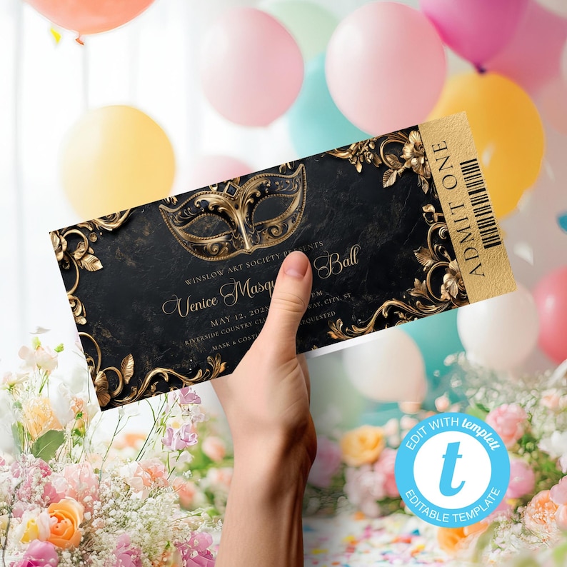 Masquerade Ticket Template, Black and Gold Masquerade Invitation ...