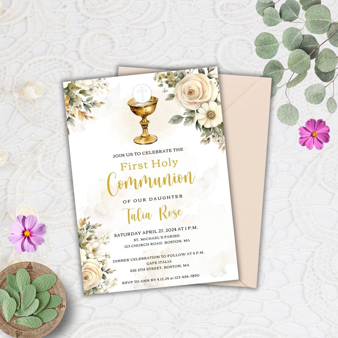 First Communion Invitations With Chalice, Floral First Communion Invitation Elegant, First ...