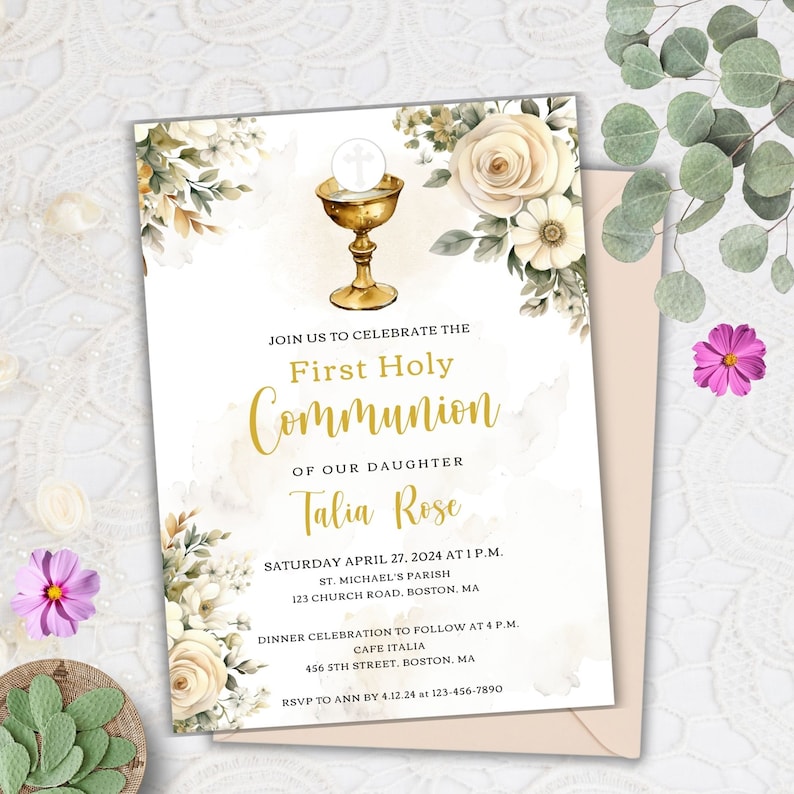 First Communion Invitations With Chalice, Floral First Communion ...