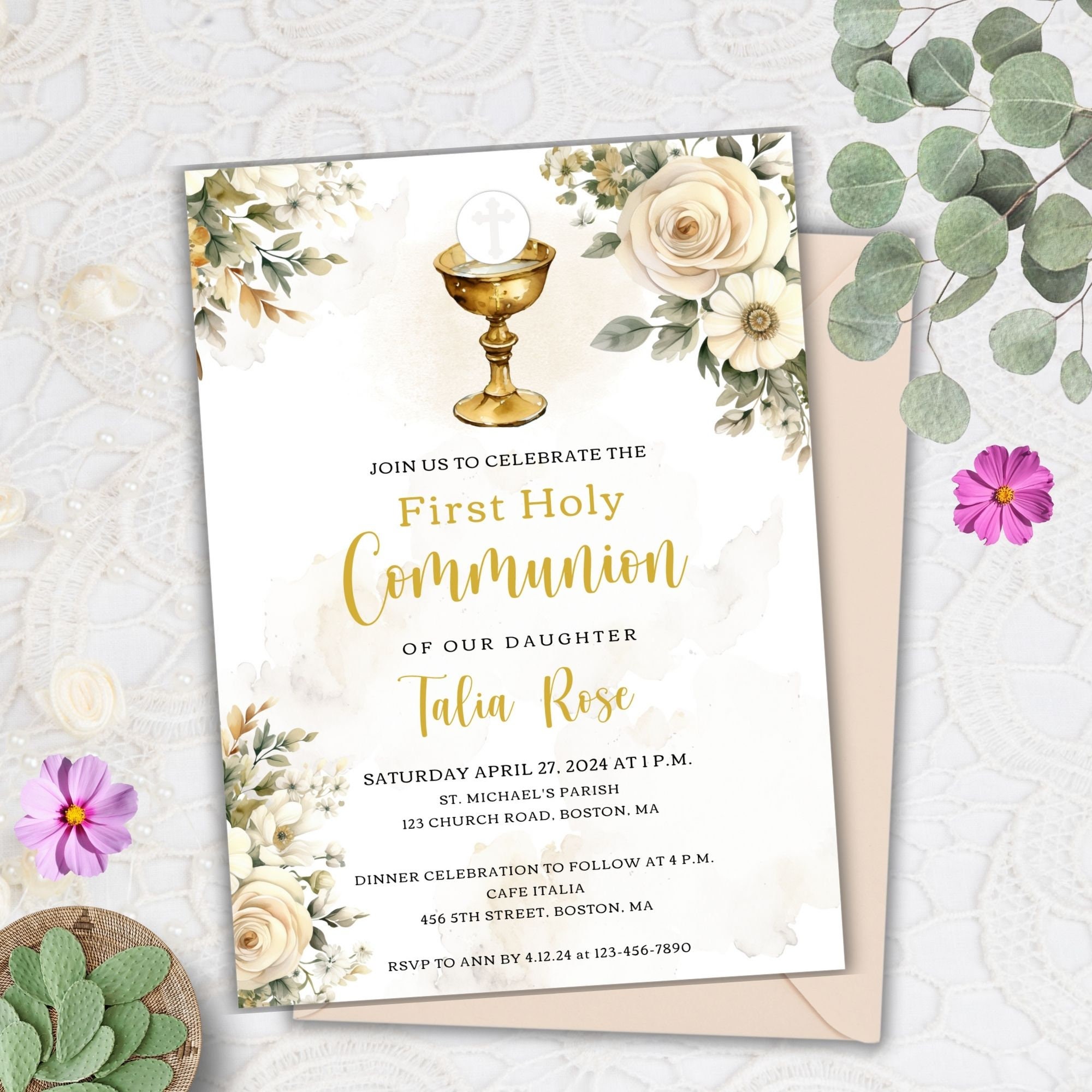 First Communion Invitations With Chalice, Floral First Communion Invitation Elegant, First ...