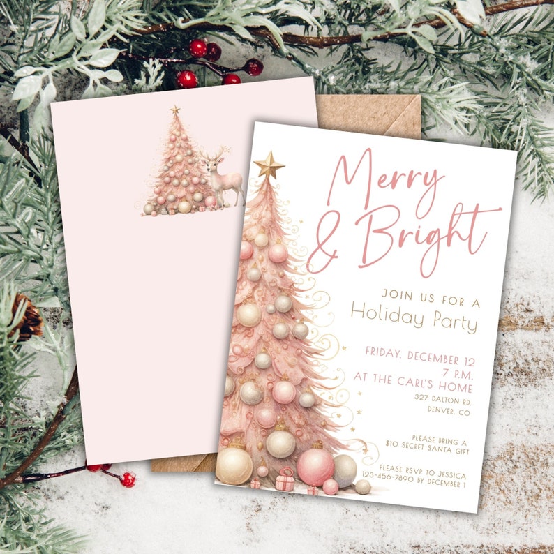Pink Christmas Party Invitation, Pink Christmas Tree Invite, Christmas ...