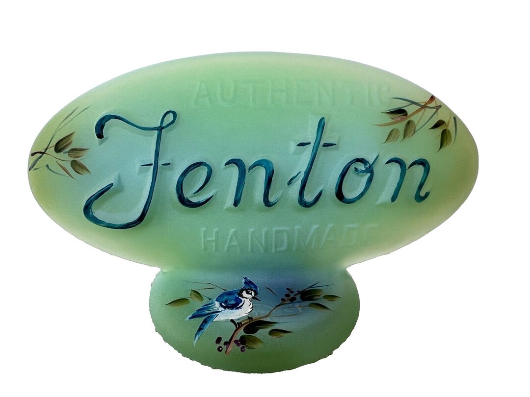Fenton Glass Jadeite Logo Display Sign Blue Jay by M. Kibbe Limited Ed ...