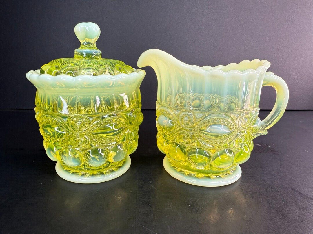 Mosser Vaseline Opalescent Glass Creamer and Sugar Eye Winker Pattern ...