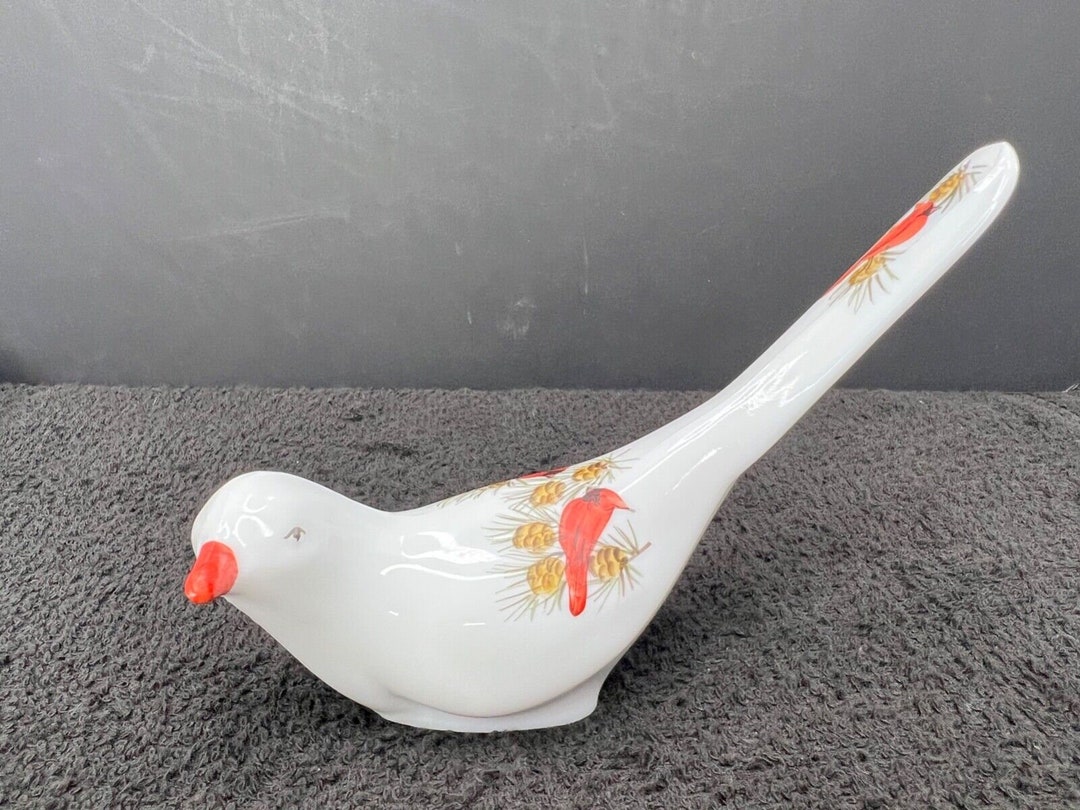 Vintage Fenton White of Happiness Bird Cardinals Long Tail Hand Painted ...