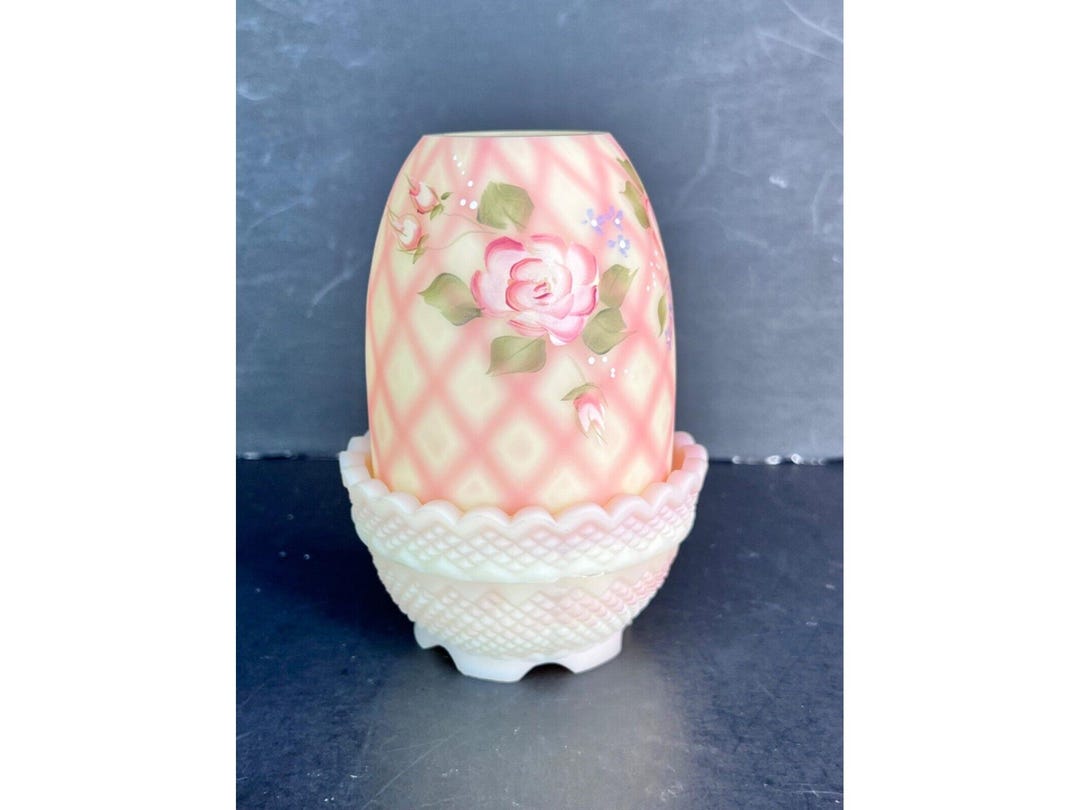 Fenton Burmese Diamond Optic Fairy Lamp With Painted Roses - Glows - Etsy