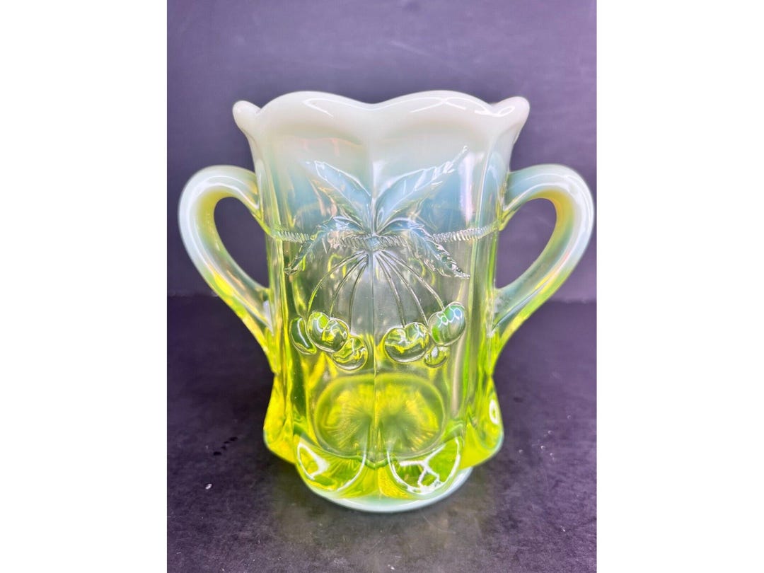 Vaseline Topaz Opalescent Glass Spooner Vase W Handles Cherry Cable by ...