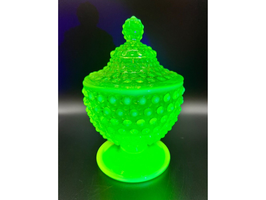 Fenton Glass Topaz Vaseline Opalescent Hobnail Covered Candy Dish - 7 ...