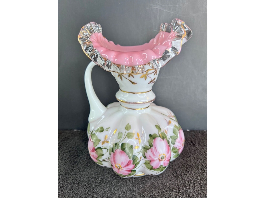 Fenton Charleton Peach Crest Large Pitcher / Vase Melon Open Roses Ca ...