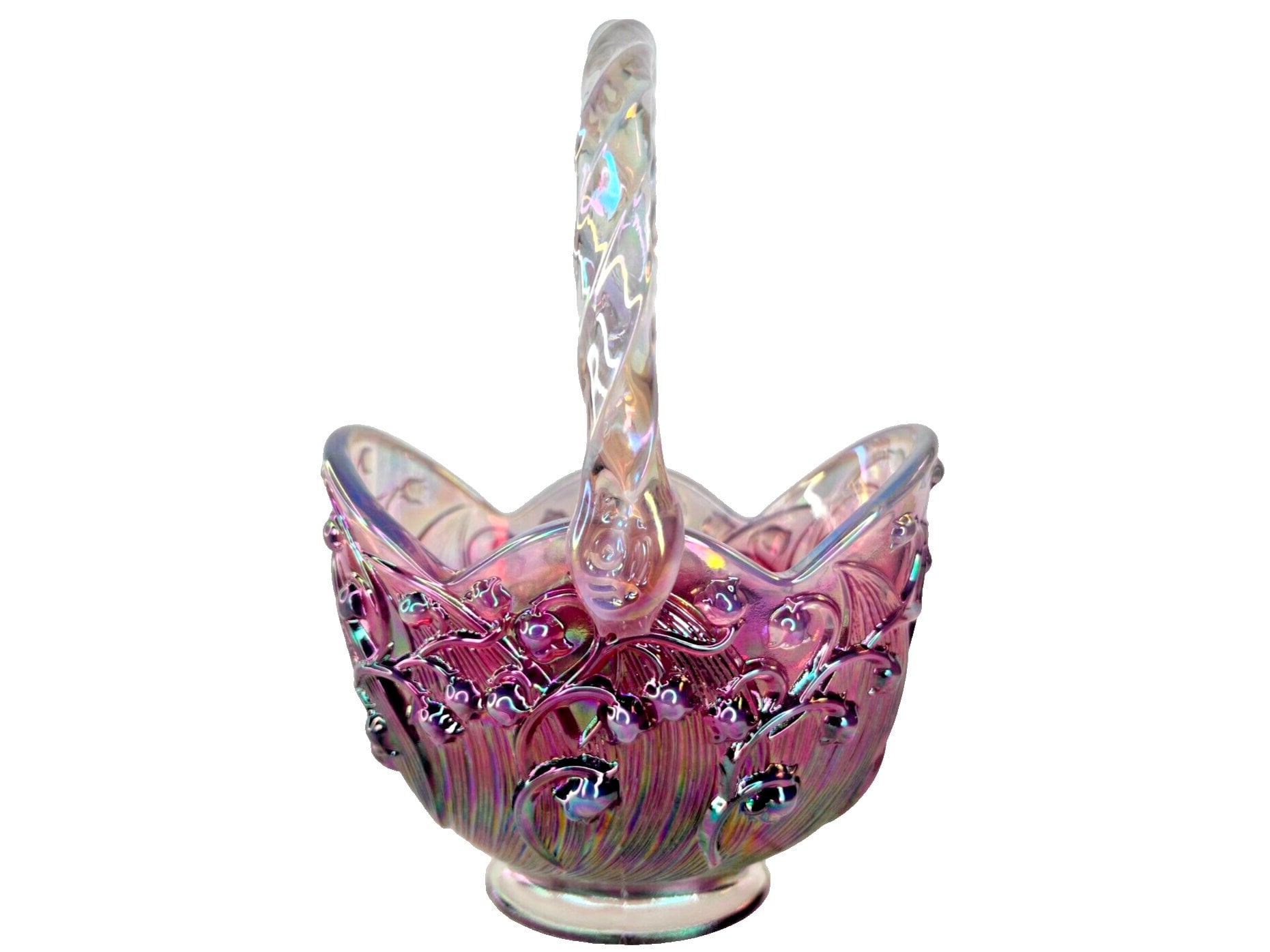 Fenton Plum Opalescent Lily of the Valley Basket Vase Etched Signature ...