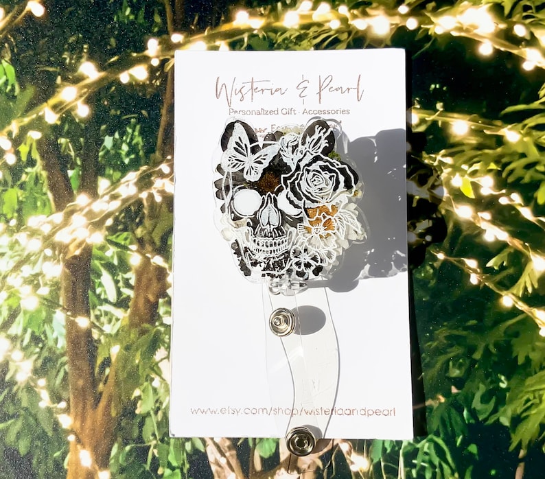 Floral Skull Retractable Badge Reel, Halloween Skull Badge Reel, Black ...