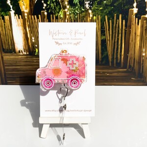 Floral Resin Ambulance Badge Reel, EMT Pink Flower Badge Reel ...