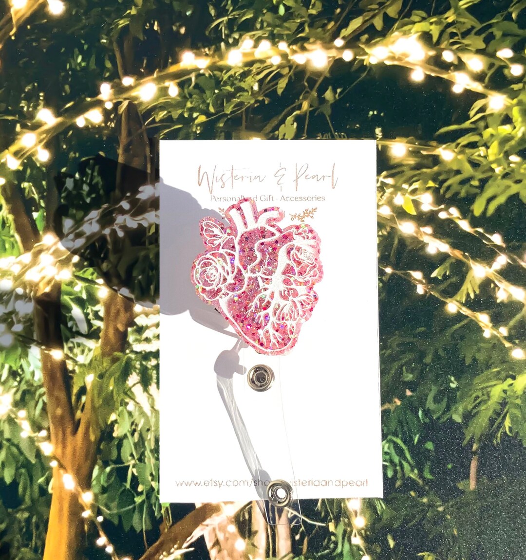 Heart Badge Reel Nurse, Anatomical Heart Badge Reel, Pink Glitter Heart ...