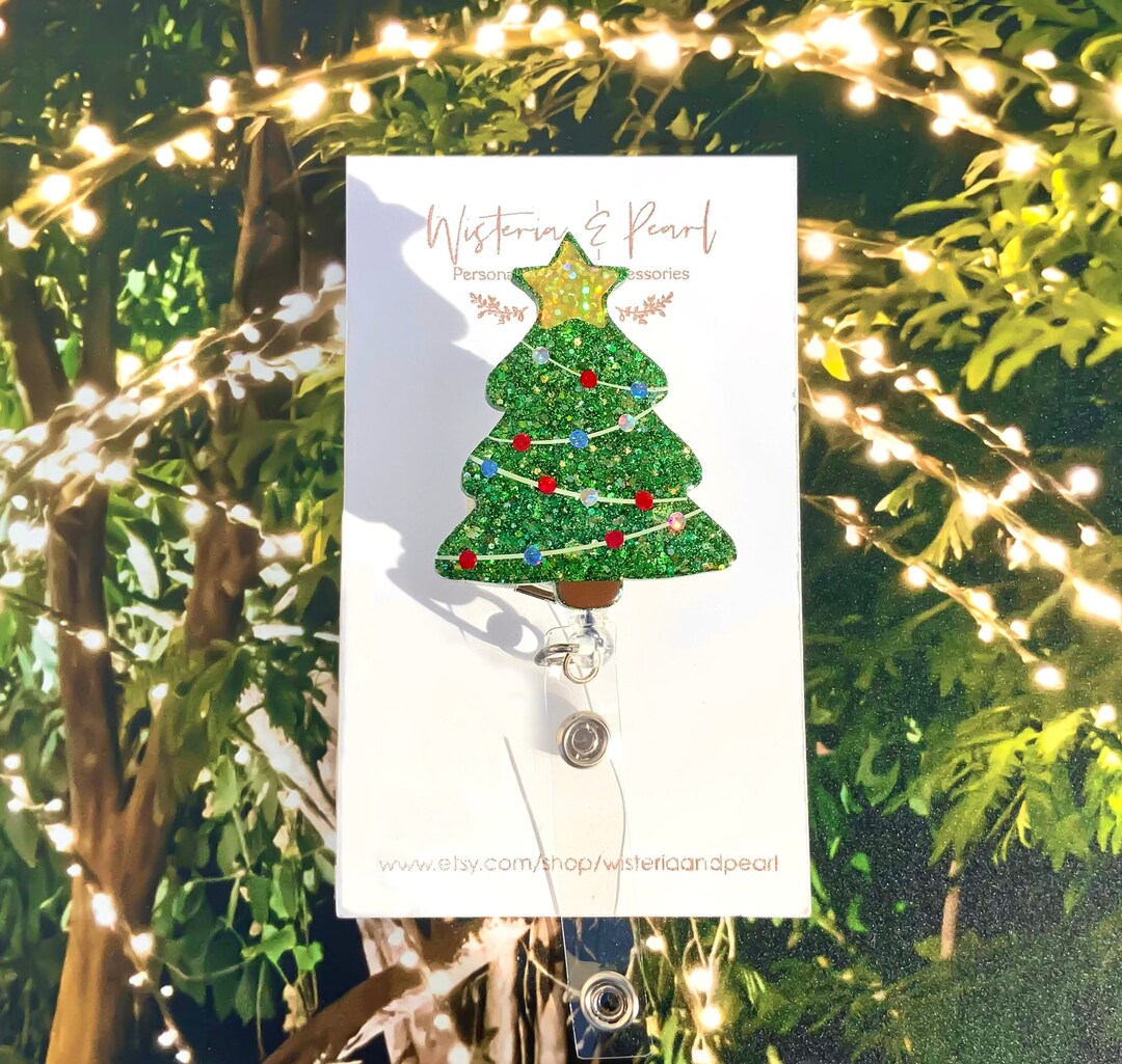 Christmas Tree Retractable Badge Reel, Glitter Christmas Tree Badge ...