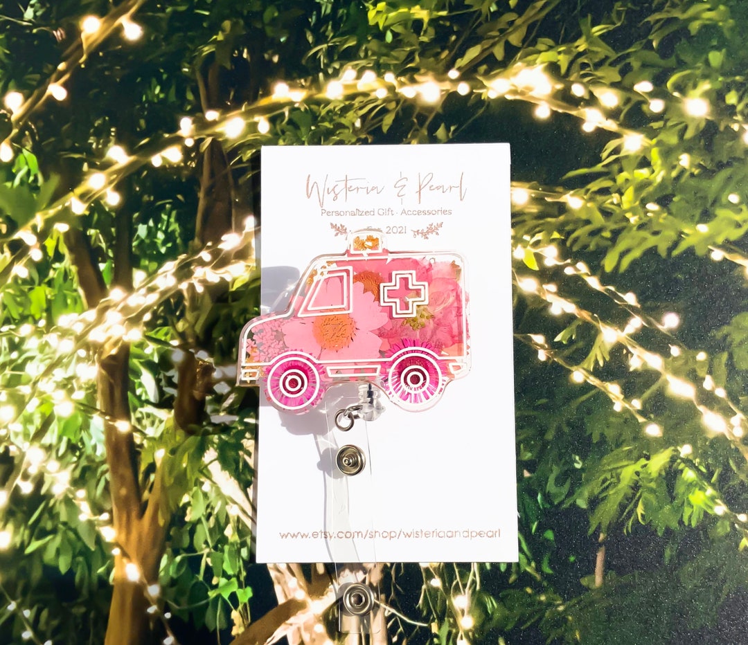 Floral Resin Ambulance Badge Reel, EMT Pink Flower Badge Reel ...