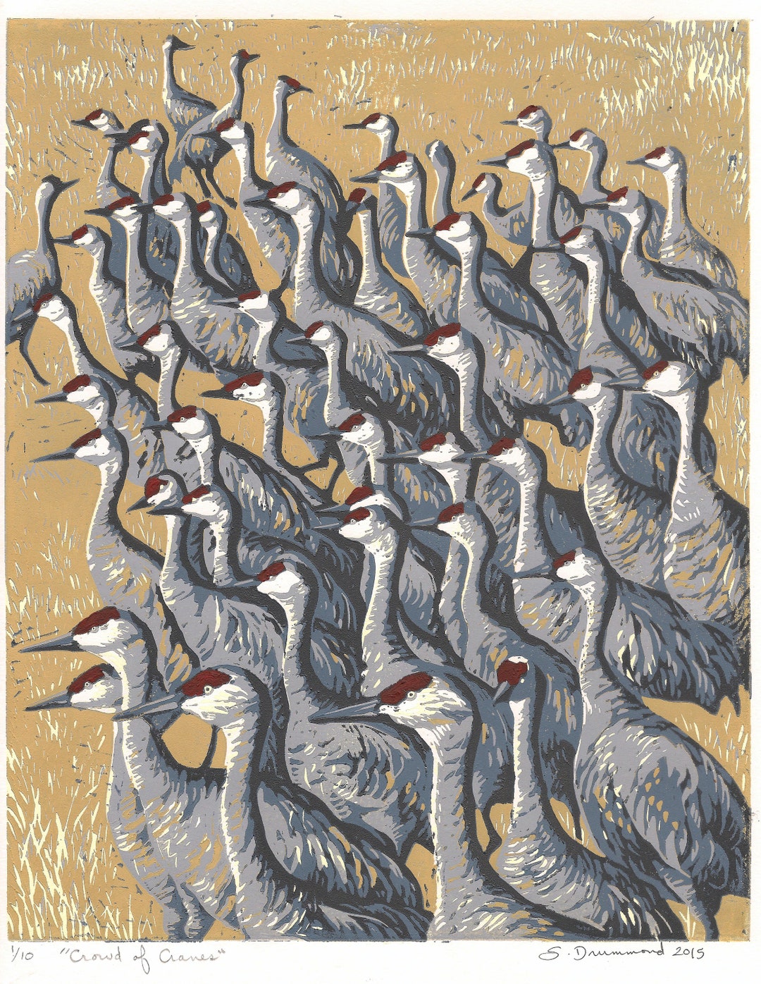 Crowd of Cranes, Linocut Reduction Block Print - Etsy