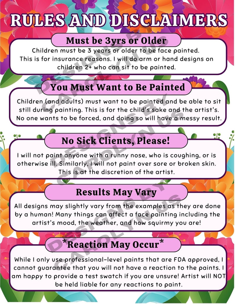 Facepainting Rules and Disclaimers Sign - Printable Download - Etsy