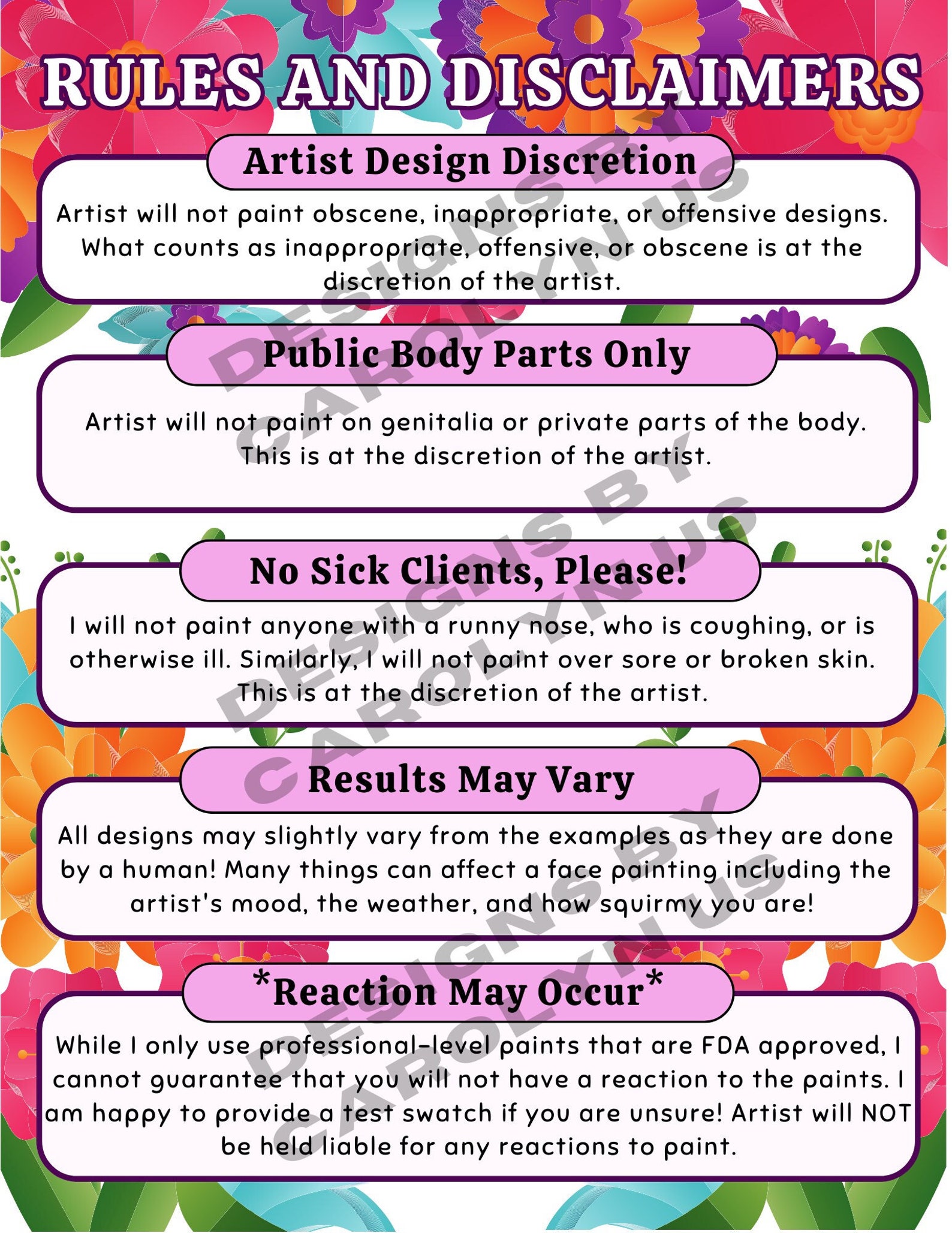 Facepainting Rules and Disclaimers Signs Adult Focused - Etsy