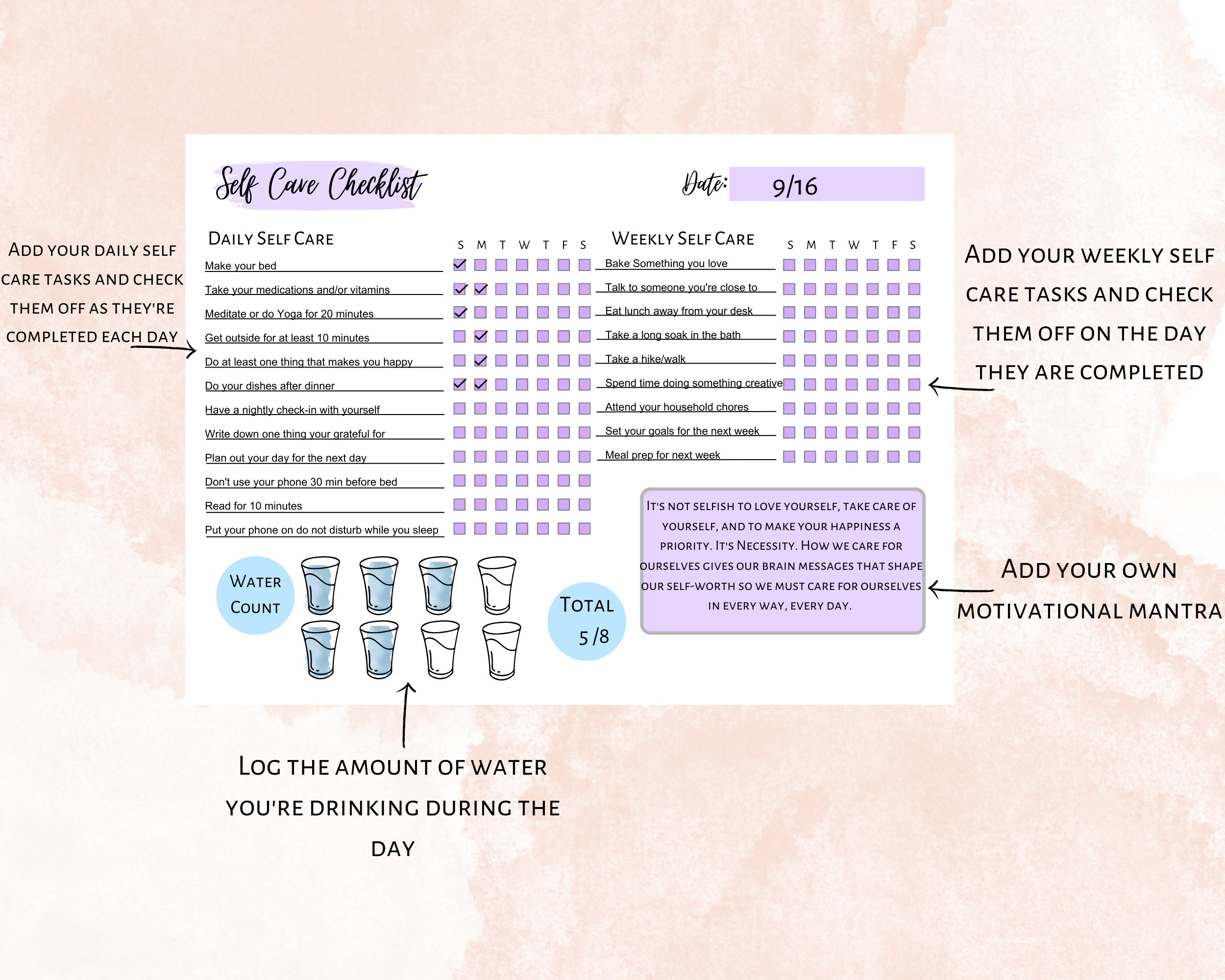 Self-care Checklist | Weekly Mantra | Water Log | Daily & Weekly Self ...