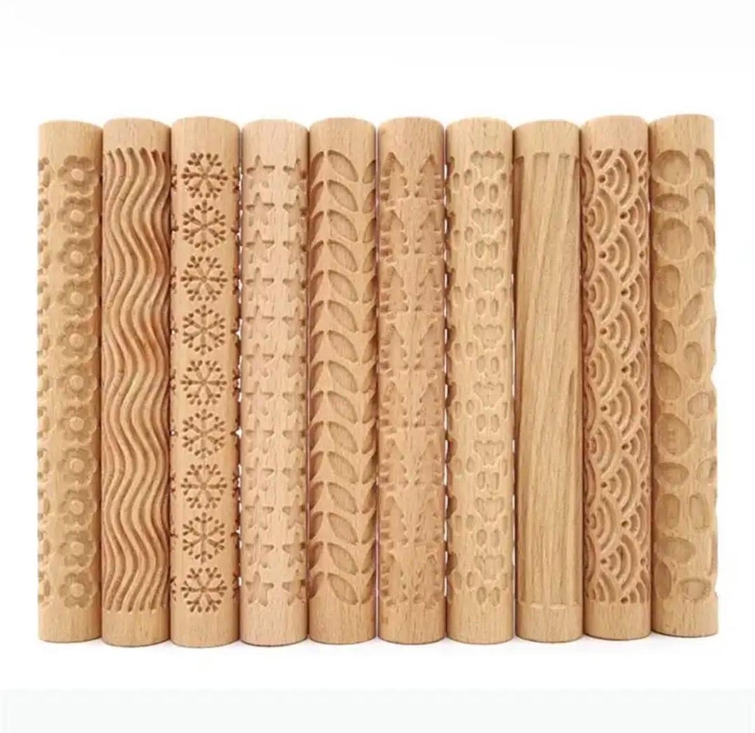 3D Embossed Pottery Styling Tools – Wooden Texture Rolling Pin - Clay ...