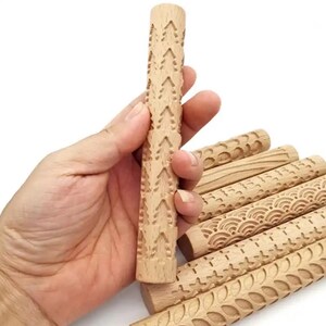 3D Embossed Pottery Styling Tools – Wooden Texture Rolling Pin - Clay ...