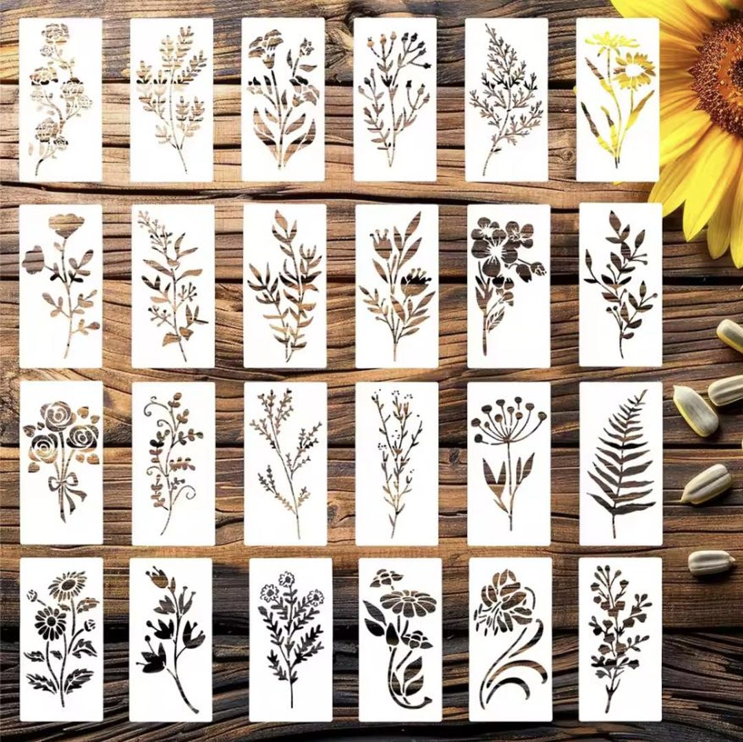 Botanical Grass & Leaf Stencil Set – 24 Reusable Nature Templates for ...